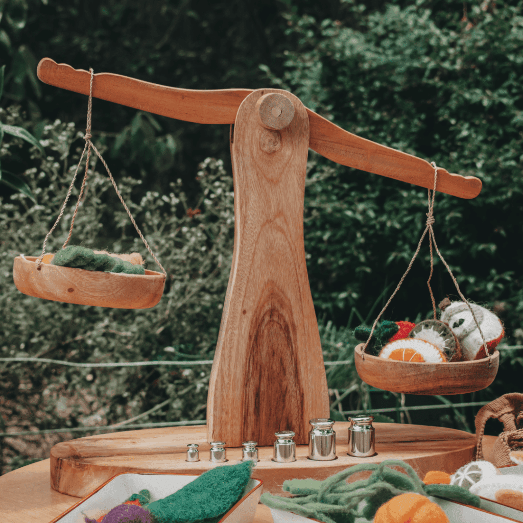 Wooden Balancing Scales with Stainless Steel Weights by Awe & Wonder