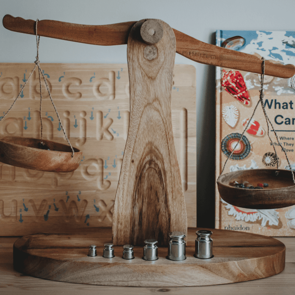 Wooden Balancing Scales with Stainless Steel Weights by Awe & Wonder